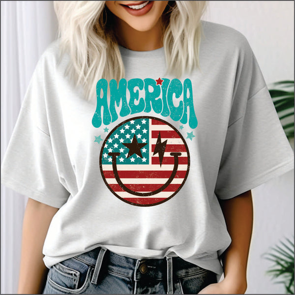 America Smiley Aqua DTF Transfer – Sweet Tee Transfers
