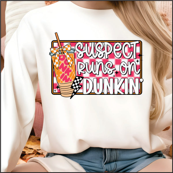 Suspect Runs on Dunkin DTF Transfer – Sweet Tee Transfers