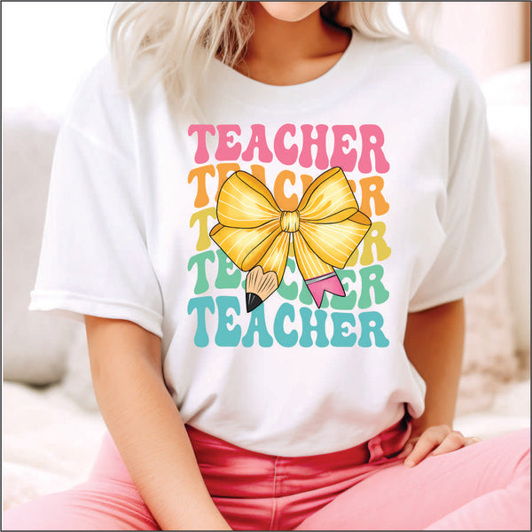 Teacher Repeat with Pencil Bow DTF Transfer – Sweet Tee Transfers